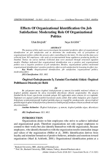 Pdf Effects Of Organizational Identification On Job Satisfaction Moderating Role Of