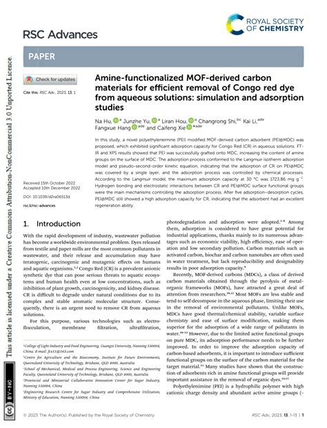 Pdf Amine Functionalized Mof Derived Carbon Materials For Efficient Removal Of Congo Red Dye