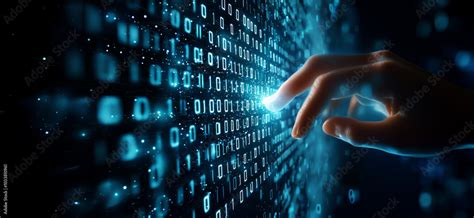 Human Hand Interacting With A Wall Of Binary Code Symbolizing Digital Interaction And The