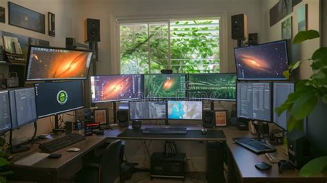 A Room With Several Computer Monitors And A Laptop Set Up For Work Or
