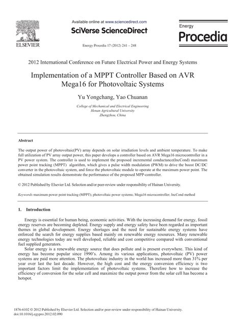 Pdf Implementation Of A Mppt Controller Based On Avr Mega16 For