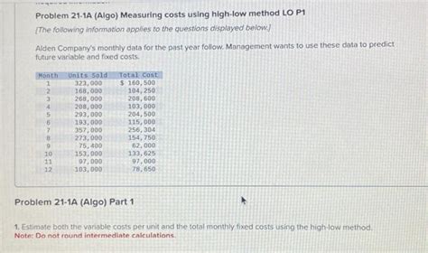 Solved Problem 21 1A Algo Measuring Costs Using High Low Chegg Com