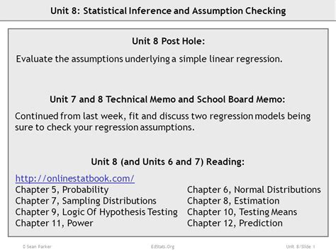 Unit 8/Slide 1 © Sean Parker EdStats.Org Unit 8: Statistical Inference and Assumption Checking ...