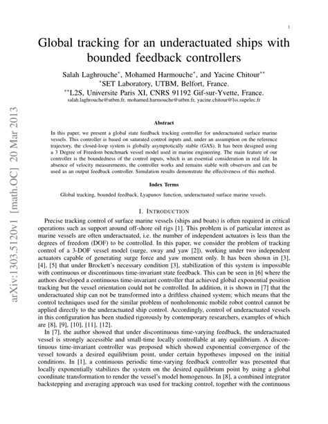 Pdf Global Tracking For Underactuated Ships With Bounded Feedback Controllers