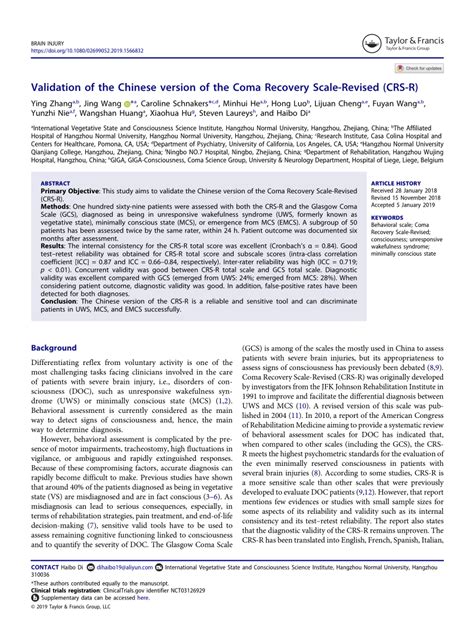 Pdf Validation Of The Chinese Version Of The Coma Recovery Scale