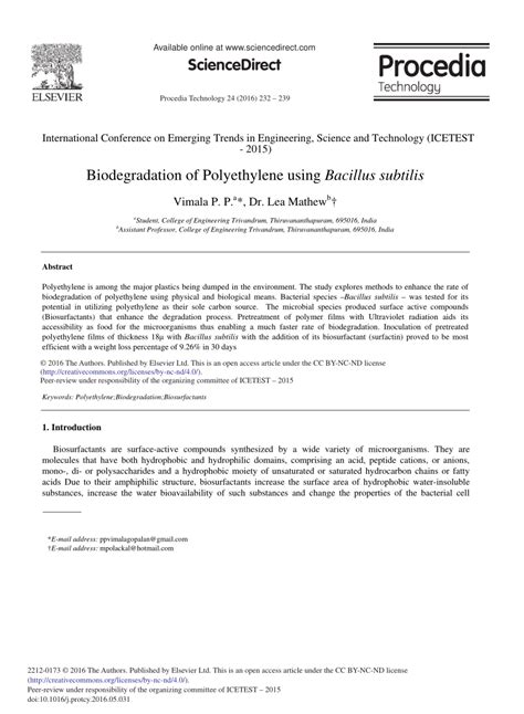 Pdf Biodegradation Of Polyethylene Using Bacillus Subtilis
