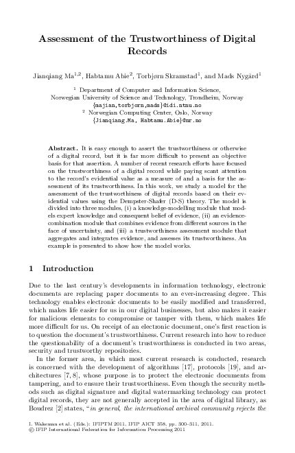 Pdf Assessment Of The Trustworthiness Of Digital Records