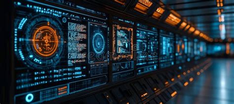 Futuristic Server Room With Rows Of Computer Screens Displaying Code