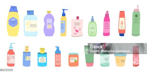 화장품 다른 병 세트 벡터 일러스트 얼굴 머리카락 몸을 위한 다양한 화장품 뷰티 루틴 비누 거품에 대한 스톡 벡터 아트 및 기타 이미지 Istock
