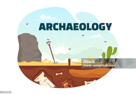 고대 유적 유물 및 공룡 화석의 고고학적 발굴이 포함된 고고학 벡터 일러스트레이션은 평평한 만화 손으로 그린 템플릿에 있습니다 건축에 대한 스톡 벡터 아트 및 기타 이미지