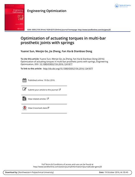Pdf Optimization Of Actuating Torques In Multi Bar Prosthetic Joints