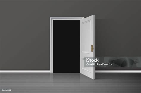 3d 현실적인 벡터 그림 배경입니다 방 안에 어둠이 있는 흰색 나무 문을 엽니다 문에 대한 스톡 벡터 아트 및 기타 이미지 문 조금 열다 0명 Istock