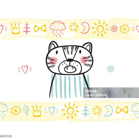 손으로 그린 낙서 귀여운 아기 호랑이와 페인트 브러시 스트로크 장난감과 원활한 수평 테두리와 아이들을위한 티셔츠 인쇄 디자인