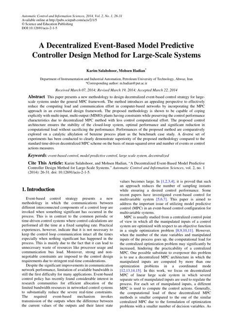 Pdf A Decentralized Event Based Model Predictive Controller Design
