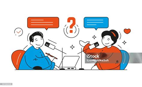 남자와 여자 녹음 오디오 팟 캐스트 인터뷰 벡터 일러스트 라디오 진행자 인터뷰 게스트 실루엣에 대한 스톡 벡터 아트 및 기타
