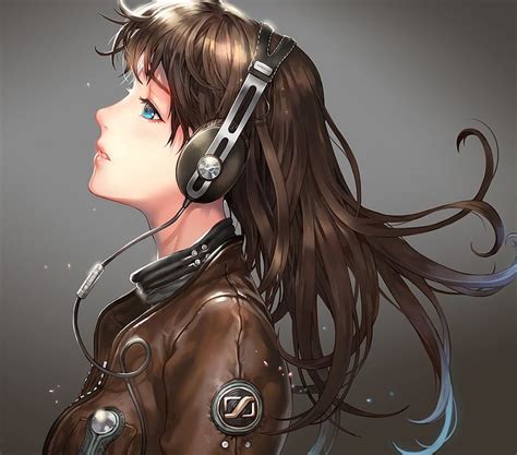 Anime Girl With Brown Hair And Headphones Drawing