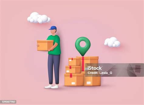 배달원과 상자 택배 또는 배달 서비스 소포 패키지 상자가있는 남성 캐릭터 3d 벡터 일러스트레이션 개념에 대한 스톡 벡터 아트 및 기타 이미지 Istock