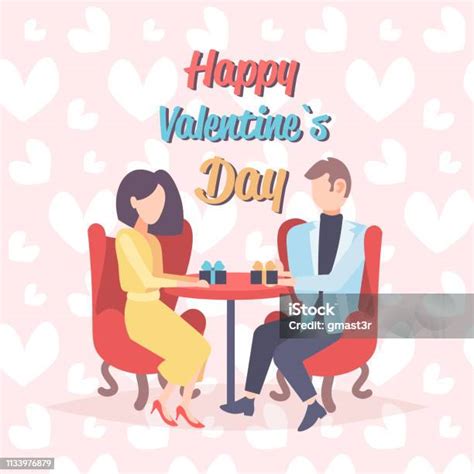 커플 연인 앉아있는 카페 테이블 지주 선물 상자 선물로 행복 한 발렌타인 데이 축 하 개념 남자 여자 심장 모양 사랑 데이트 전체 길이 문자 평면 가구에 대한 스톡 벡터