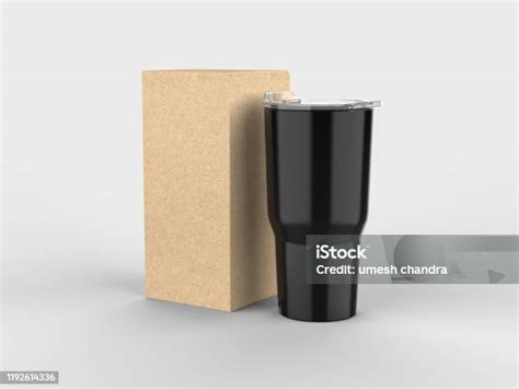 뚜껑과 하드 박스와 빈 스테인레스 스틸 텀블러 브랜딩 모형 3d 렌더링 그림입니다 0명에 대한 스톡 사진 및 기타 이미지 0명 3차원 형태 검은색 Istock