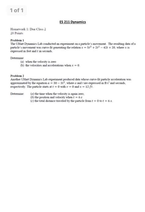 Solved 1 Of 1 Es 211 Dynamics Homework 1 Due Class 2 20