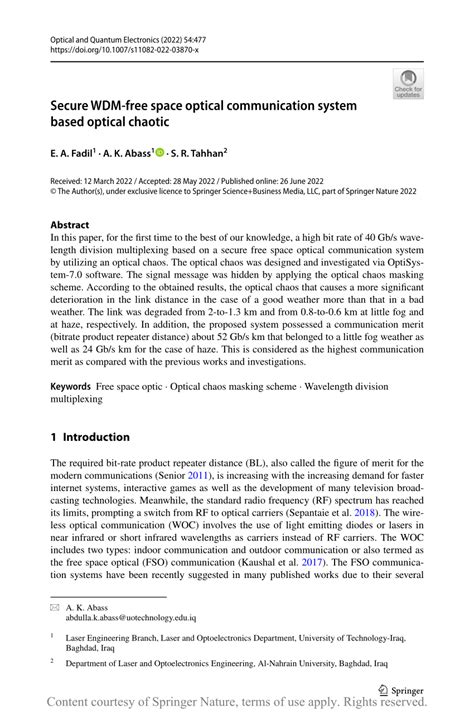 Secure Wdm Free Space Optical Communication System Based Optical Chaotic Request Pdf