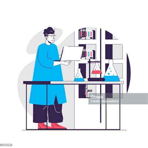 실험실 웹 개념 남자는 노트북에서 실험과 분석을합니다 과학 연구 사람들 장면 플랫 문자는 웹 사이트에 대한 디자인 소셜 미디어 홍보 자료에 대한 벡터 일러스트레이션 개념에