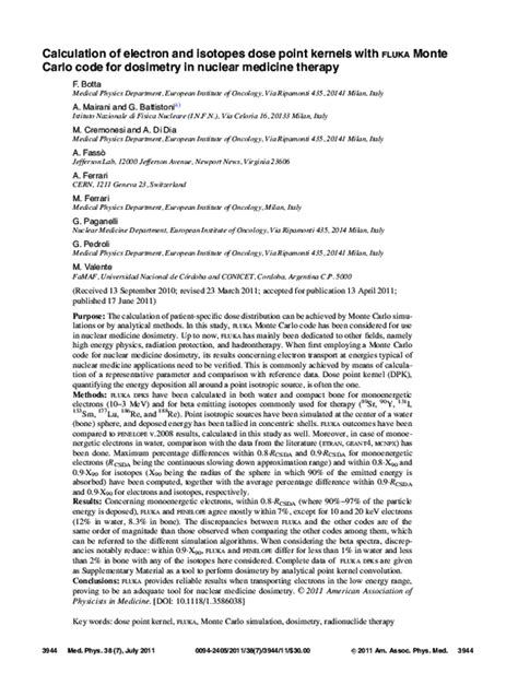 Pdf Calculation Of Electron And Isotopes Dose Point Kernels With Fluka Monte Carlo Code For