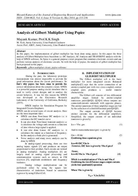 Pdf Analysis Of Gilbert Multiplier Using Pspice