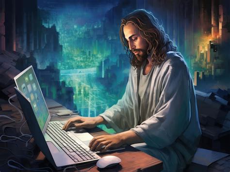 Premium Ai Image Jesus Christ As Programmer Of Life Cool Illustration Comic Style