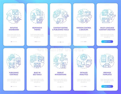 Cms Functionalities Blue Gradient Onboarding Mobile App Screen Set