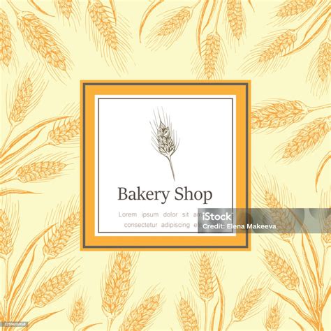 베이커리 페이스트리 숍 라벨 로고 밀 귀 프레임 프레첼 및 레터링이 있는 전단지 템플릿 베이킹샵 배경 벡터 손으로 그린 스케치