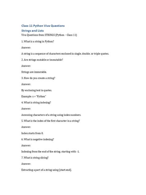 Class 11 Python Viva Strings Lists Pdf String Computer Science