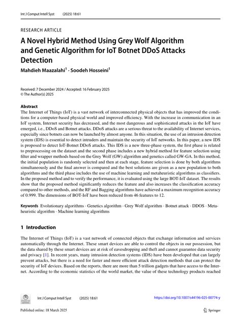 Pdf A Novel Hybrid Method Using Grey Wolf Algorithm And Genetic Algorithm For Iot Botnet Ddos