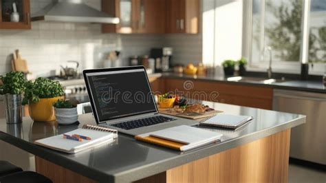 remote work coding on laptop in kitchen island with healthy food stock