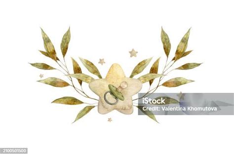 별 녹색의 아름다운 식물 및 어린이를위한 아기 젖꼭지가 있는 어린이 상징 구성 아이들의 인테리어 카드 스티커 직물 디자인에 대한