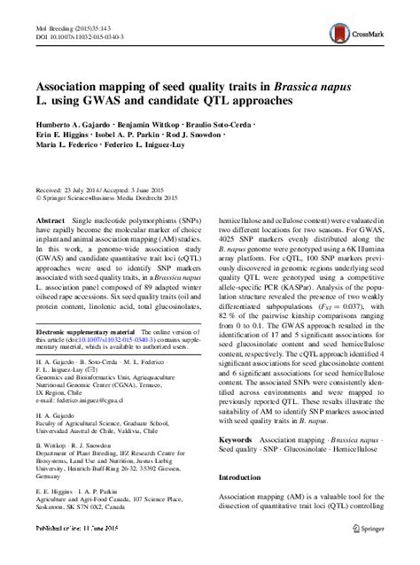 Association Mapping Of Seed Quality Traits In Brassica Napus L Using