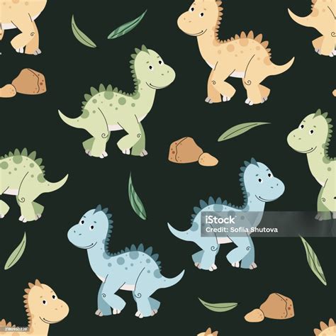 플랫 스타일의 귀여운 공룡과 함께 완벽 한 패턴 아기 공룡과 나뭇잎으로 배경을 반복하고 있습니다 직물 벽지 포장지 스크랩북 등에 대한 유치한 배경 0명에 대한 스톡 벡터