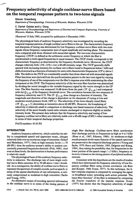 Pdf Frequency Selectivity Of Single Cochlear Nerve Fibers Based On The Temporal Response