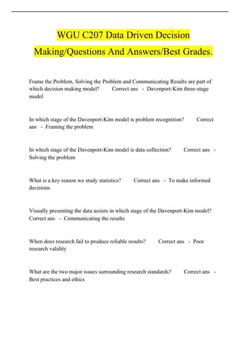 WGU C Data Driven Decision Making Questions And Answers Best Grades WGU C Data Driven