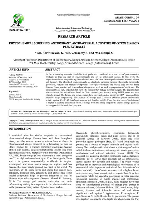 Pdf Phytochemical Screening Antioxidant Antibacterial Activities Of Citrus Sinensis Peel