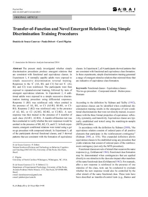 Pdf Transfer Of Function And Novel Emergent Relations Using Simple Discrimination Training