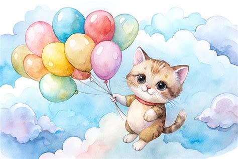 Cute Kitten Floats On Pastel Balloons Amidst Fluffy Clouds Stock