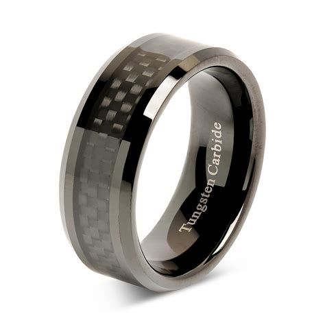 8mm Tungsten Carbide Ring Carbon Fiber Inlay Black Plated Wedding Band