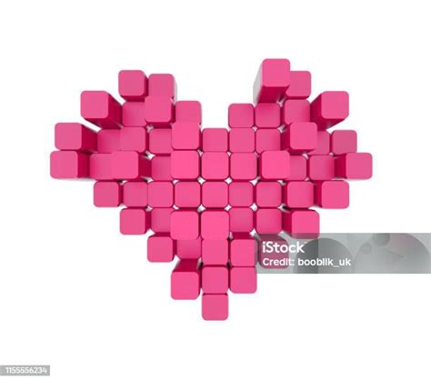 흰색 배경에 고립 된 블록 큐브로 구성 된 핑크 하트의 3d 모델 픽셀 또는 복 셀 아트 3차원 형태에 대한 스톡 사진 및 기타 이미지 Istock