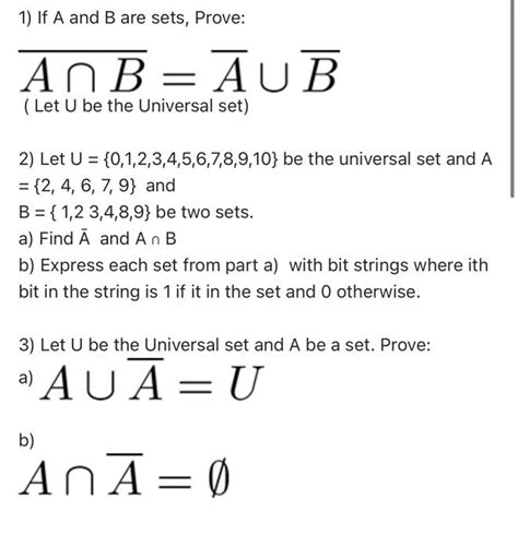 solved 1 if a and b are sets prove anb aub let u be