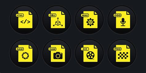set raw file document ogg avi max obj png and html icon vector stock