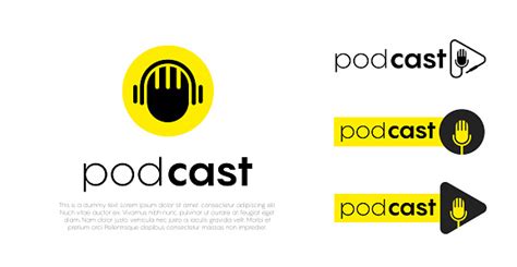 Podcast 로고 및 기호 검정 흰색 및 노란색의 스튜디오 마이크가있는 아이콘을 설정합니다 방송 뉴스 및 라디오 스트리밍을위한 상징 쇼 라이브 공연을위한 템플릿 Dj