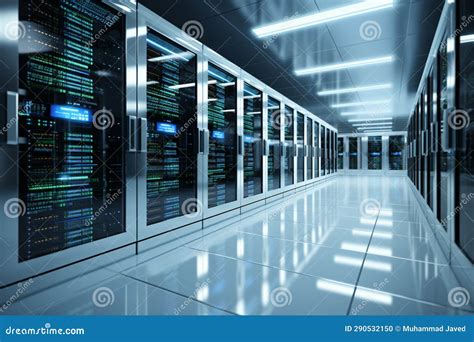 computer storage systems in a white server room 3d rendering stock