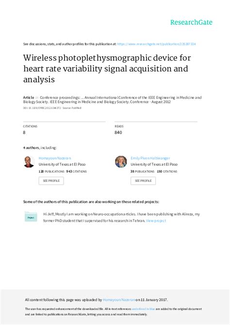 Pdf Wireless Photoplethysmographic Device For Heart Rate Variability Signal Acquisition And