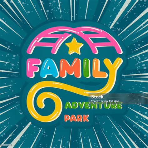 재미있는 레터링 가족 어드벤처 파크 취미 다채로운 어린이 만화 로고 아이콘 어린이 놀이 공원 기호 놀이터 기호 롤러 코스터 자동차 밝은 배경 아기 어린 시절 벡터
